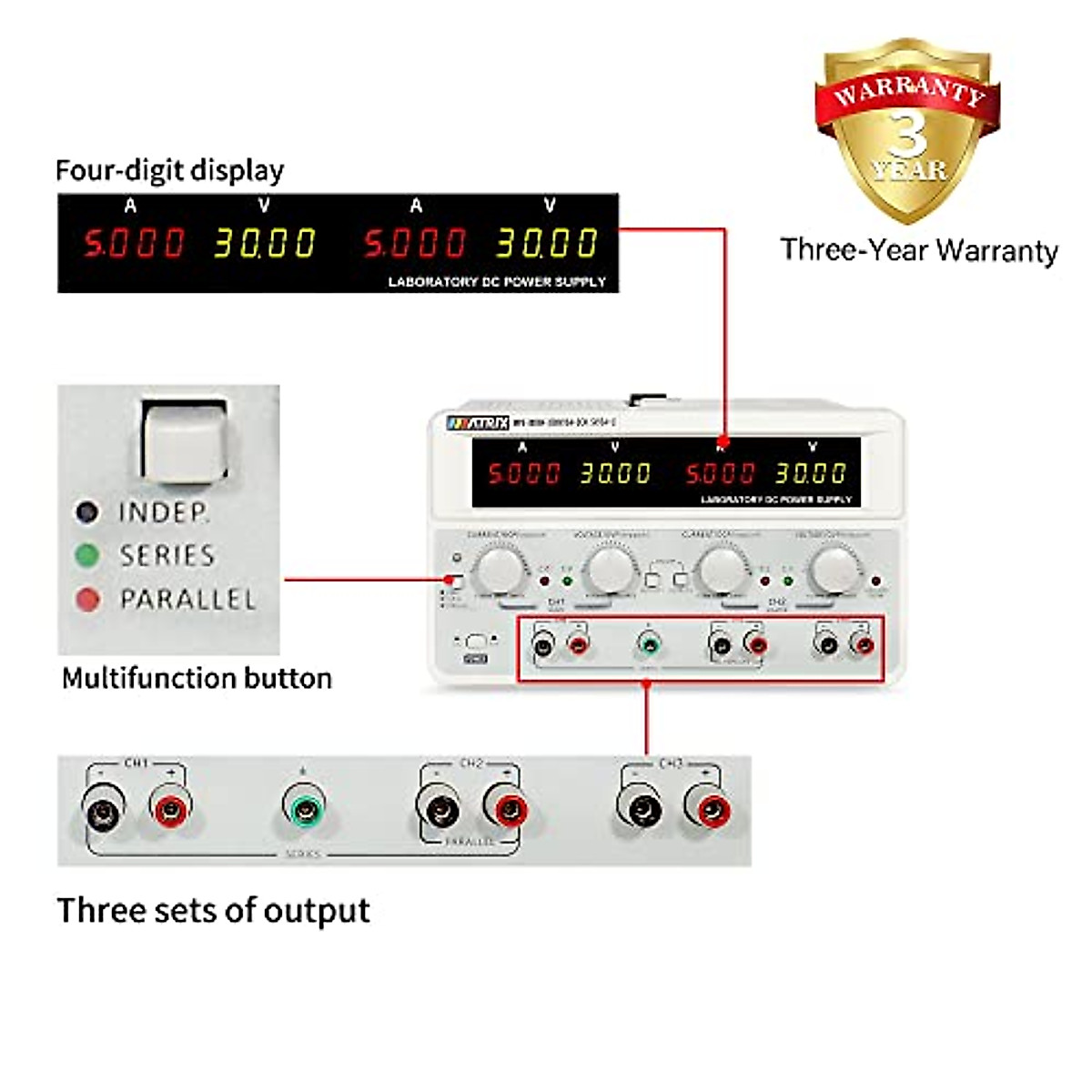 MATRIX MPS-3005H-3 Triple Linear DC Power Supply,30V 5A Adjustable Variable Low Ripple Benchtop DC Power Supply Digital Regulated Lab Grade with 4 Digits Display with Series and Parallel Mode