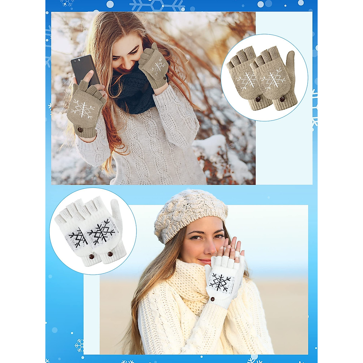 4 Pairs Women Knitted Winter Fingerless Gloves Thermal Convertible Knit Flip Wool Gloves Warm Half Finger Mittens for Women (White, Black, Gray, Khaki, Snowflake Style)