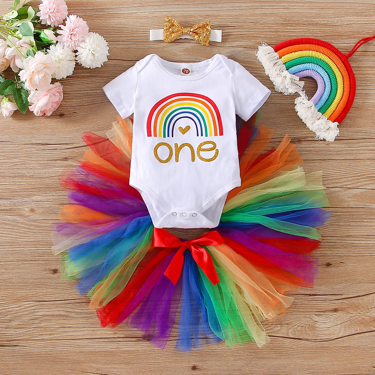 vivifayee Baby First Birthday Outfits Girl Cotton Romper Rainbow Samsh Cake Tulle Tutu Skirts with Bowknot Headband 3pcs Colorful One Year Old Girls Dress