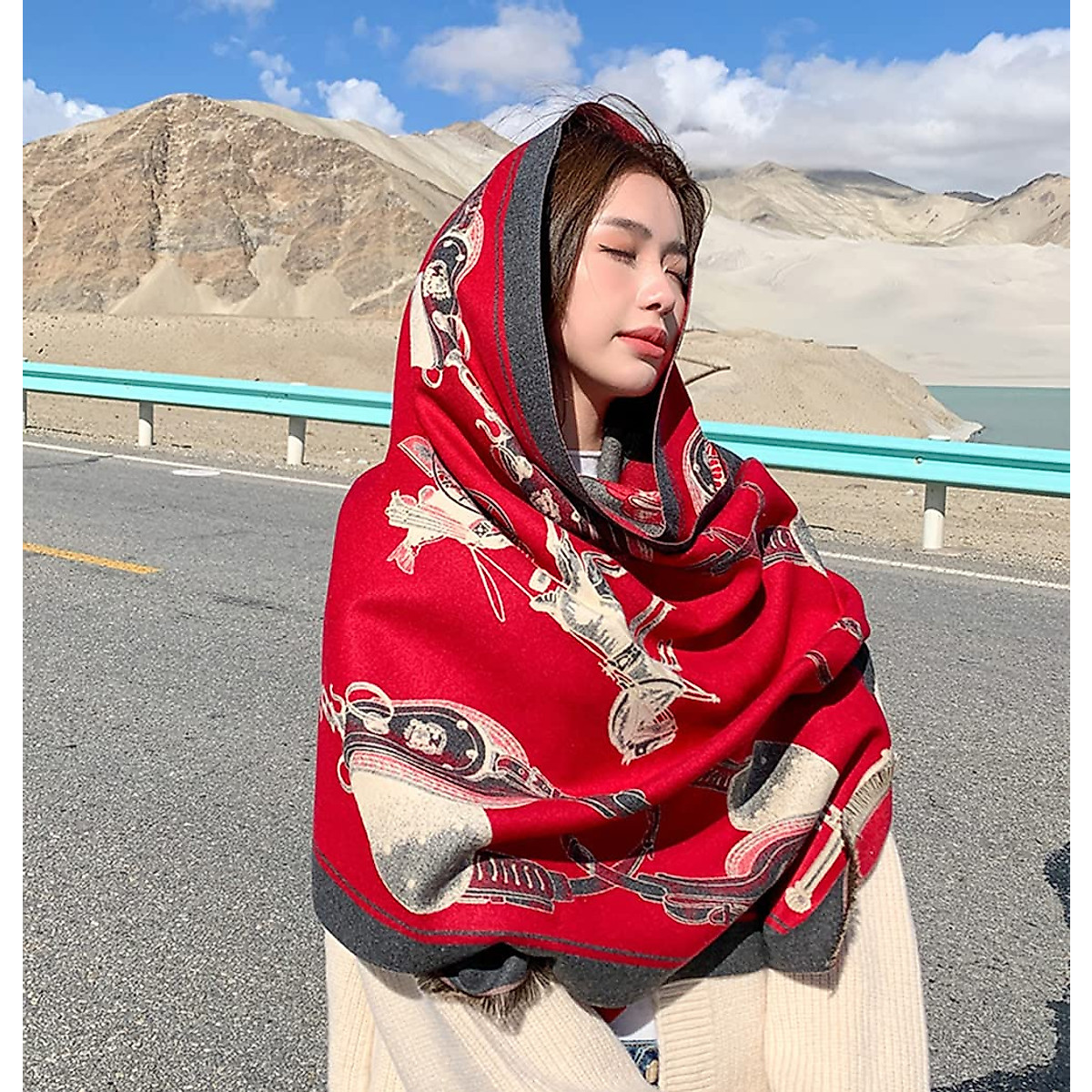 Women's Blanket Chunky,Pashmina Shawls Wraps Oversized Winter & Fall Warm Scarfs Soft Cashmere Feel for Girls and Women (Red-Carriage)