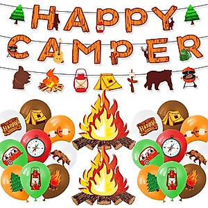 Camping Themed Party Decorations, Happy Camping Banner and 3D Bonfire with Camping Theme Latex Balloon for Teenagers Adventurer Hiking Camping Party Decoration
