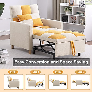 Sleeper Chair Bed - Convertible Single Sofa Chair Bed with Pillow,Pull Out Sleeper Bed with Adjustable Backrest,Multi-Functional Lounge Chair with Teddy Fabric for Apartment,Living Room (Yellow)