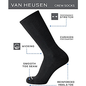 Van Heusen Men's Crew Socks - 10 Pack Performance Stretch Cushioned Crew Socks - Breathable Athletic Socks for Men (6-12.5), Size 6-12.5, Black