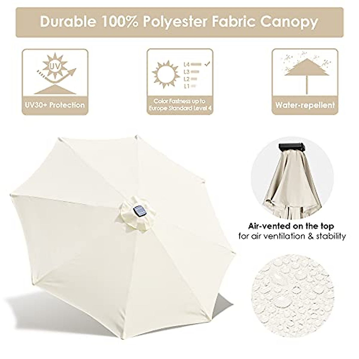 Yescom 10ft Solar LED Lighted Patio Umbrella with Tilt and Crank 8 Ribs Outdoor Market Umbrella for Table Garden Canvas Natural White