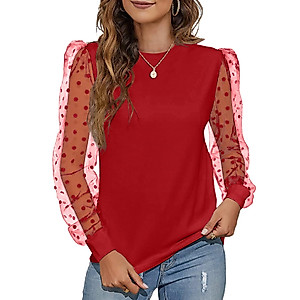 Womens Long Sleeve Tops Winter Crewneck Fashion Polka Dots Sheer Mesh Red L