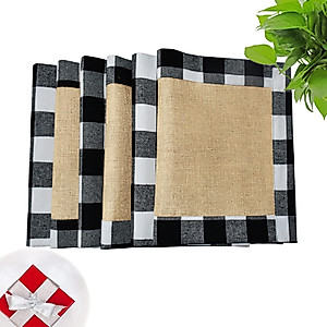Senneny Set of 6 Christmas Placemats Buffalo Check Placemats Black White Plaid Reversible Burlap & Cotton Placemats for Christmas Holiday Table Home Decoration
