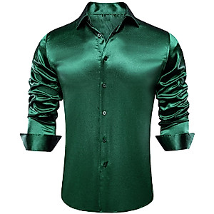 Hi-Tie Men's Dark Green Dress Shirt Long Sleeve Satin Silk Like Regular Fit Solid Turn Down Collar Shirt Casual Prom Daily