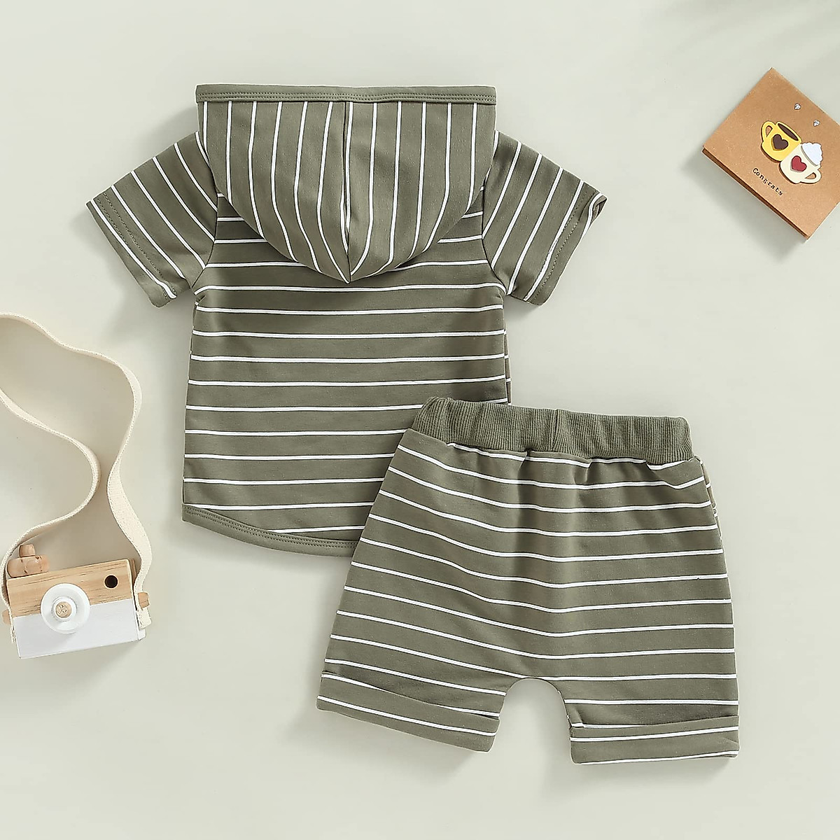 allshope Toddler Baby Boys Summer Outfits Stripes Short Sleeve Hooded Sweatshirt and Casual Elastic Drawstring Shorts Clothes Set