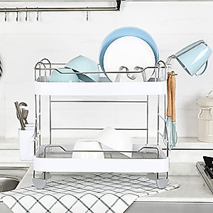 TULGIGS Sink Dish Drying Rack Two Tier Shelf Liner Dish Holder with High Grossy Dish Drainer Cup Holder Spoon Storage Knife Case