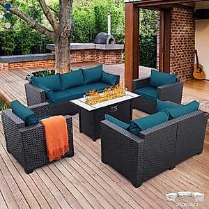 Patio Furniture Set with 45In Fire Pit 5 Pieces Outdoor Furniture Sets Patio Couch Outdoor Chairs 60000 BTU Wicker Propane Fire Pit Table with No-slip Cushions and Waterproof Covers, Peacock Blue