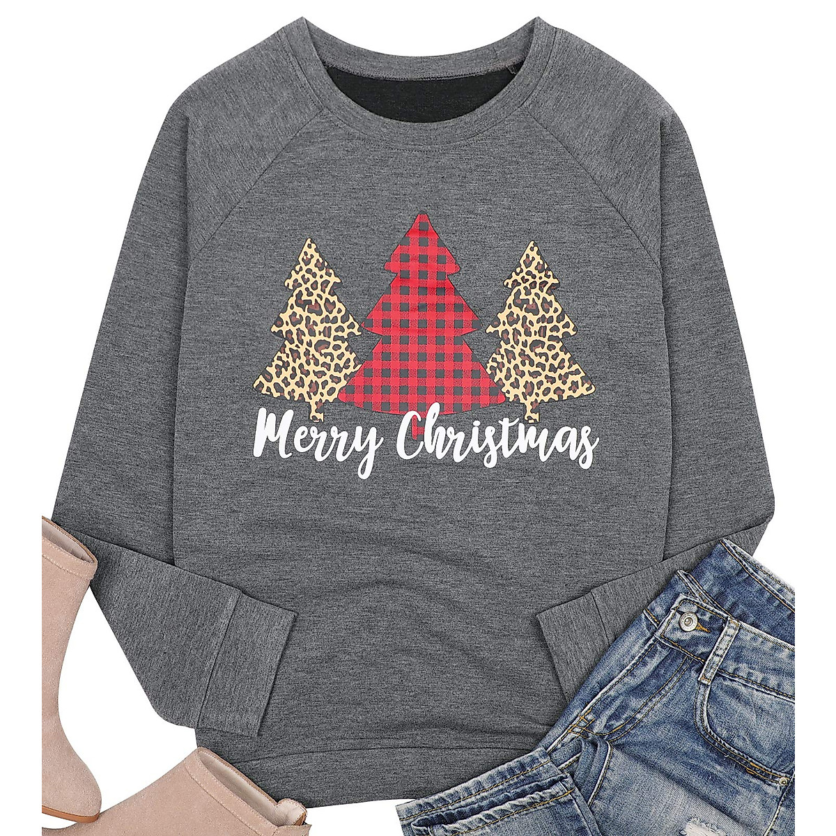 LUKYCILD Christmas Trees Sweatshirt Women Plaid Leopard Graphic Long Sleeve Pulllover Tops