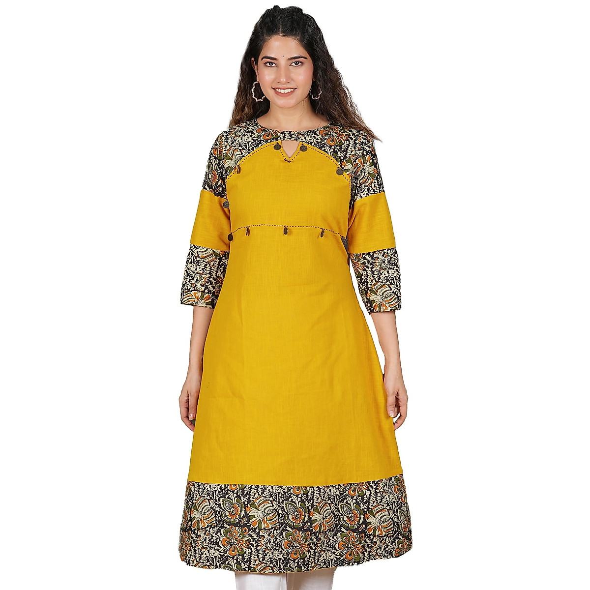 Yash Gallery Women's Cotton Blend Kalamkari Print A-Line Kurtis (Mustard Yellow)