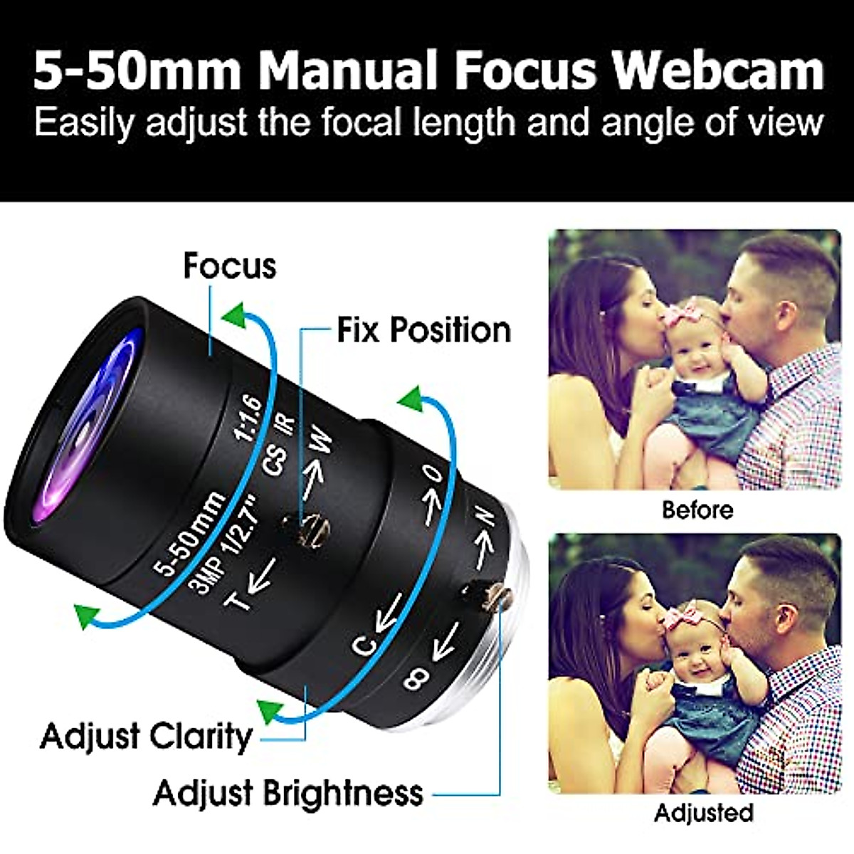 ALPCAM USB Camera 8MP 5-50mm Manual Variable Focus Lens Camera,HD 2448P Zoom Camera USB PC Desktop/Laptop Computer Camera Compatible with Mac/Windows/Linux/Android USB8MP02G-SFV(5-50)
