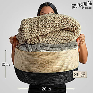 XL and Large Blanket Storage Baskets, 2pc Set – Luxury Palm Woven Basket with Durable Vegan Leather Handles – Decorative Basket for Living Room, Bedroom, Nursery, Blankets, Throws, Toys