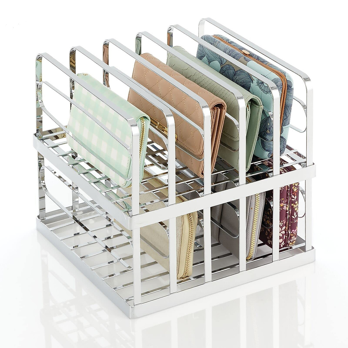 mDesign Metal Divided Stackable Purse Organizer for Closets, Bedrooms, Dressers, Shelves - Closet Shelf Storage Solution for Purses, Clutches, Wallets, Accessories - 5 Sections - Chrome