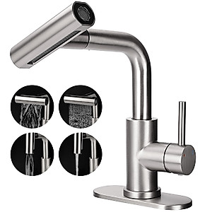 Bietor Bathroom Sink Faucet with Pull Down Sprayer, 4 Mode Brushed Nickel Bathroom Faucet, Single Handle Tall Bathroom Faucet 1 or 3 Hole with Pop-up Drain & Deck Mount Plate