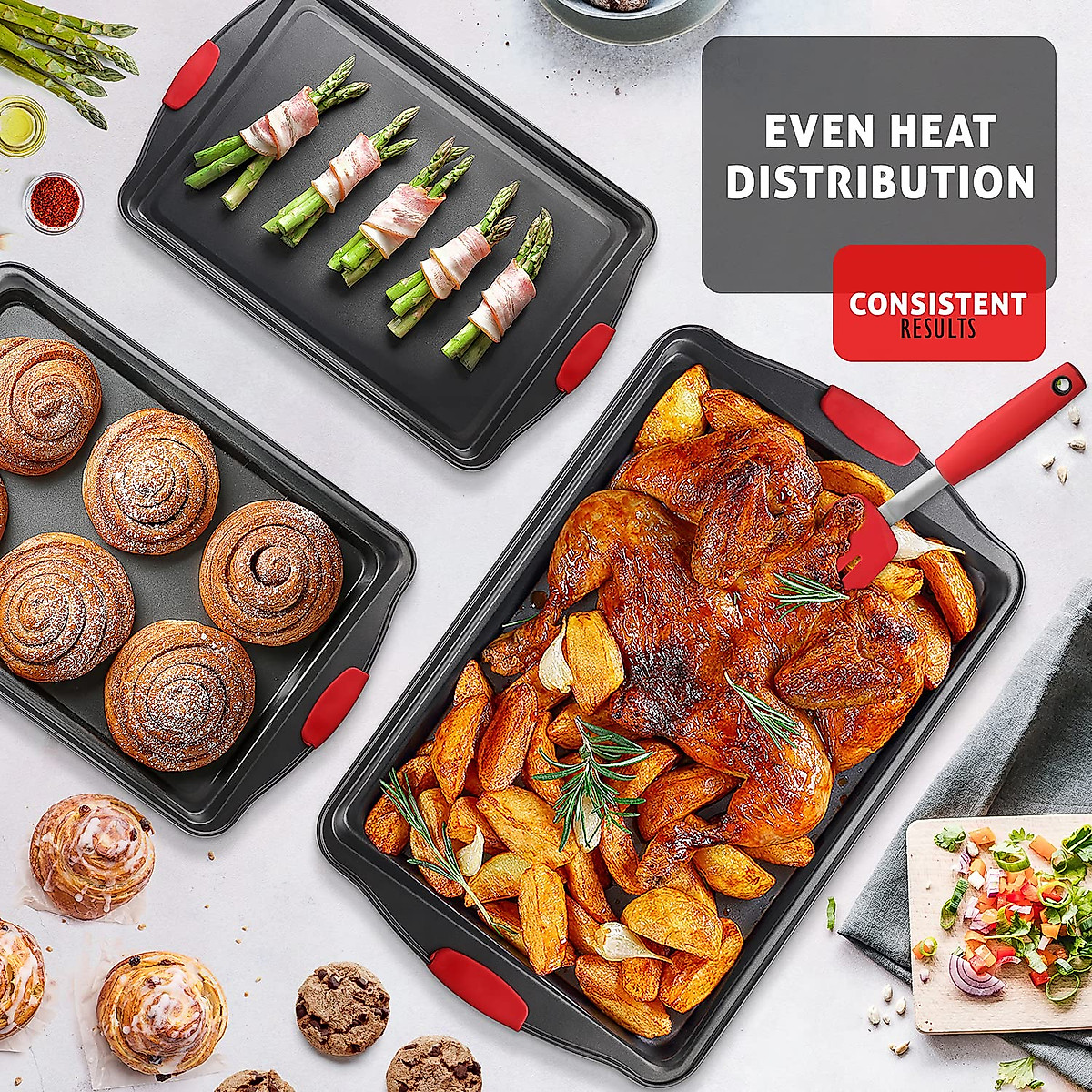 Baking Sheet Set, 2-Piece Large Cookie Sheet Set with Silicone Handles, Steel Baking Pan, Baking Sheets for Oven, BPA Free Cookie Sheets for Baking Nonstick Set, Premium Sheet Pan, Black Baking Tray