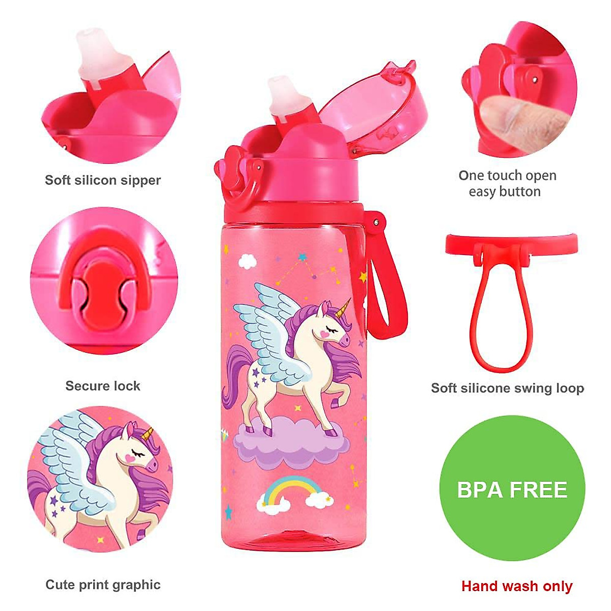 Cute Water Bottle for School Girls Boys, Soft Silicone Straw & BPA Free & Leak Proof & Easy Clean, 24oz / 700ml - Fly Unicorn