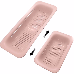 Collapsible Sink Colanders and Strainers Basket Over the Sink Colander Collapsible Colander Extendable Plastic Fruit Vegetable Strainer Drainer Basket for Kitchen(Length 14.3 inch-19.4 inch) (Pink)