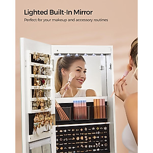 SONGMICS LED Mirror Jewelry Cabinet Standing, Lockable Jewelry Armoire with Full-Length Mirror and Adjustable LED Lights, Space-Saving Jewelry Organizer with Mirror, Gift Idea, Cloud White UJJC008W01