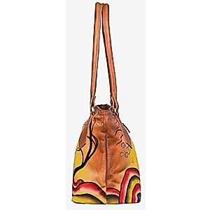 Evi's Bags Women's Hand Painted Genuine Leather Handbag - Shoulder Bag - Hobo, by Evi's Bags. Unique, Large, Handmade Purse - Satchel - Tote. Wearable Art - “Sun & WindIn Bag, Tan, Yellow, Red, Black