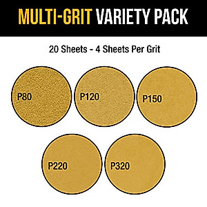 Dura-Gold Premium 80, 120, 150, 220, 320 Grit 1/3 Sheet Size Gold Sandpaper with Hook & Loop Backing, 3-2/3" x 9", 4 Each, 20 Total - Sanding Wood Woodworking, Automotive, Finishing Jitterbug Sander