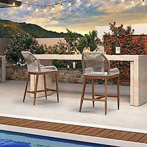 PURPLE LEAF 2 Pieces Counter Height Bar Stools Patio Boho Rattan Barstools Aluminum Woven Bar Chairs with Cushions for Outdoor Kitchen Island Garden