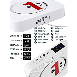 Wall Mountable CD Player - Homlab Bluetooth Desktop CD Player with Speakers, Dust Cover, FM Radio, Anti-Skip Protection, Portable Music Player Home Audio Boombox with LCD Display, Remote, Aux Input