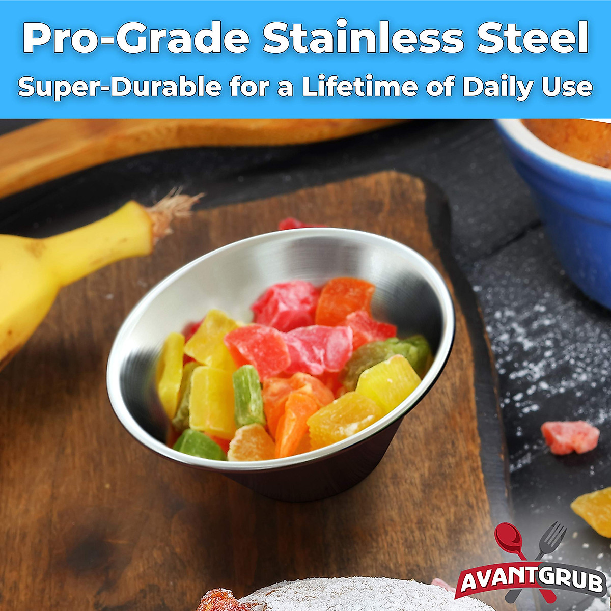 Pro-Grade Stainless Steel 1.5oz Sauce Cups 36 Pk. Reusable Stackable Metal Portion Containers for Sampling, Salad Dressing Sides or Dipping Sauces. Small Ramekin for Restaurant, Catering or Deli.