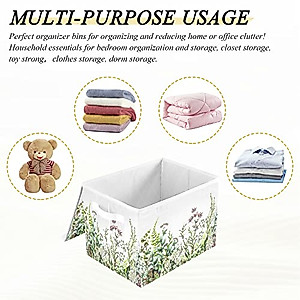 DOMIKING Flowers Large Storage Bin with Lid Collapsible Shelf Baskets Box with Handles Organizing Container for Shelves Cabinet Nursery Drawer