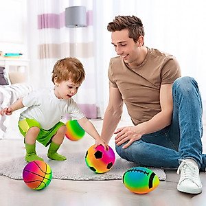 Homotte Rainbow Sports Balls Pack of 4, 1 Each of 8.5" Football, Basketball, Soccer and Volleyball for Playground, Inflatable Multi-Sport Ball Set with 1 Pump for Kids Outdoor Activities