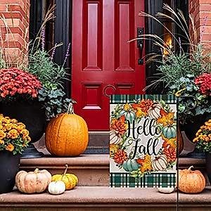 Hzppyz Hello Fall Home Decorative Garden Flag Pumpkins Maple Leaves Wreath, Welcome Autumn House Yard Blue Buffalo Plaid Decor, Farmhouse Outside Decoration Seasonal Harvest Outdoor Small Flag 12 x 18