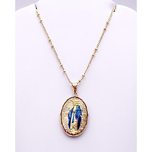 LESLIE BOULES Virgen La Milagrosa Pendant Necklace 18K Gold Plated Chain 18 Inches Length