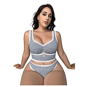 WDIRARA Women's Plus Size Lace Trim Ruched Underwire Lingerie Set Bralette and Panty Set Grey 3XL