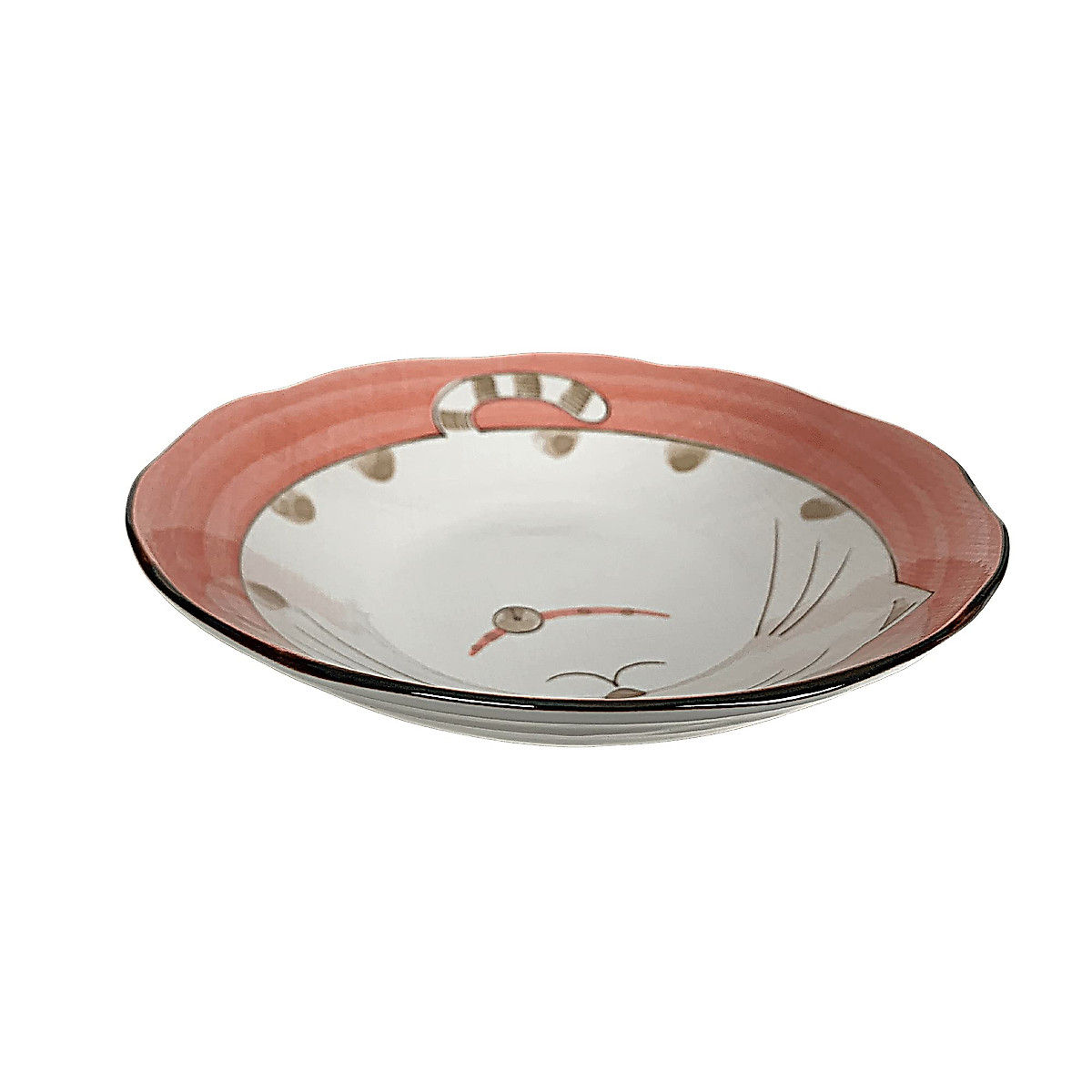 JapanBargain 2479, Japanese Porcelain Shallow Soup Bowl for Dinner Lunch Rice Poke Donburi Udon Ramen Noodle Pasta Cereal Maneki Neko Lucky Cat Pattern for Cat Lovers Made in Japan, 8.5-inch, Pink