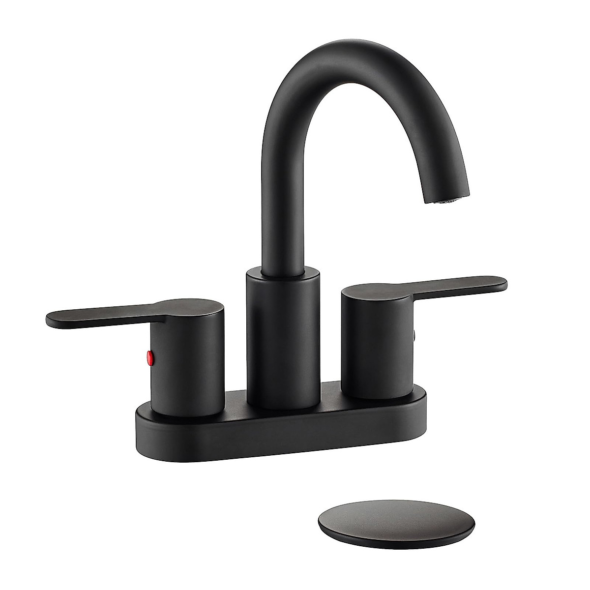 TimeArrow Matte Black Two Handle Centerset Bathroom Sink Faucet with Pop up Drain, High Arc Modern 4 Inch Bathroom Vanity Lavatory Faucet 3 Holes with Brass 360° Swivel Spout, TAF067E-MB