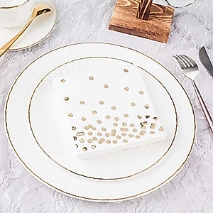 80 Pack of White Paper Cocktail Napkins with Gold Foil Polka Dot Confetti，Polka Dot Party Supplies(5 x 5 in，3-ply) (gold)