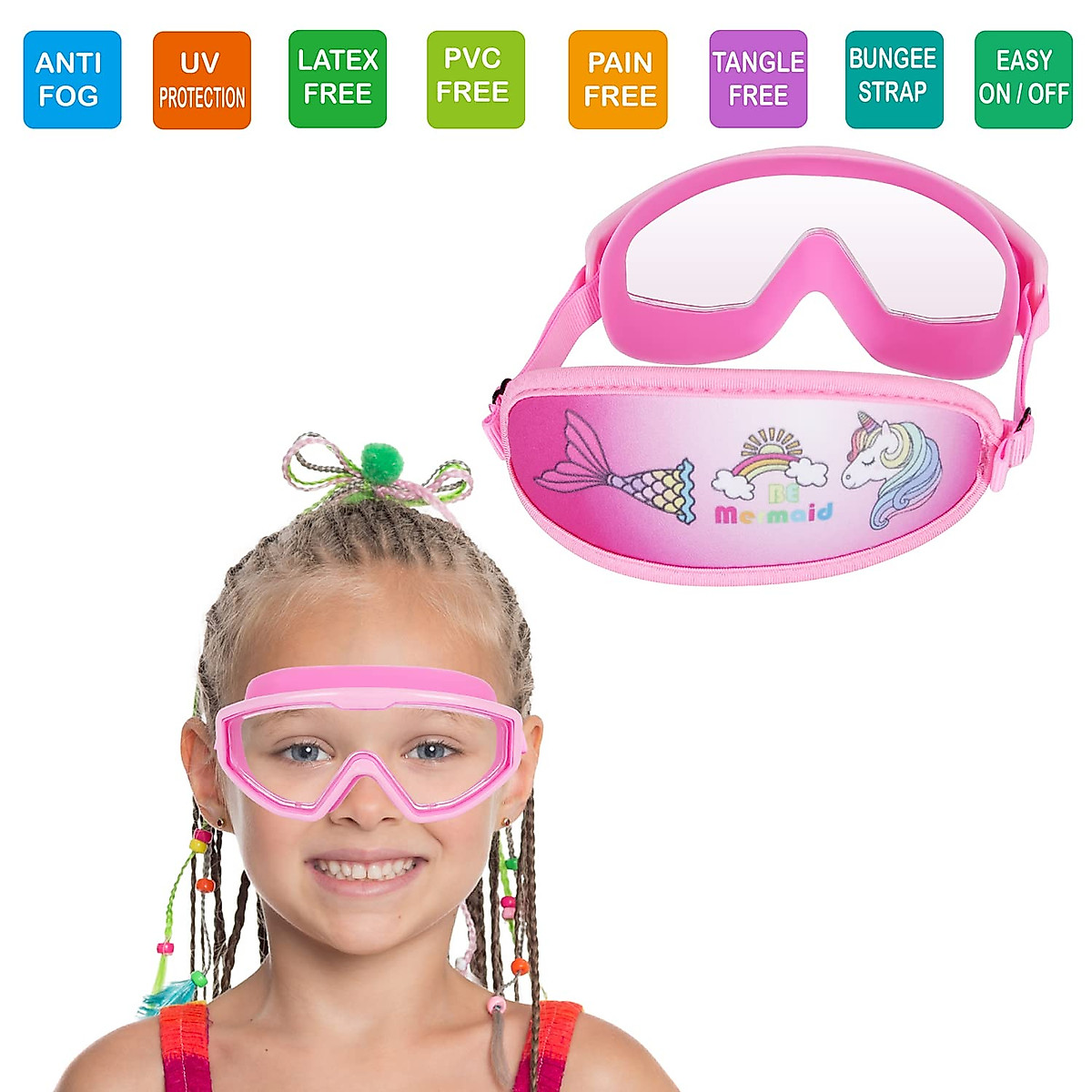 HYDROCOMFY 2PK Kids Goggles Age 4/5/6/7, Toddler Swimming Goggles, Mermaid/Dino Kids Goggles for Swimming 4-7