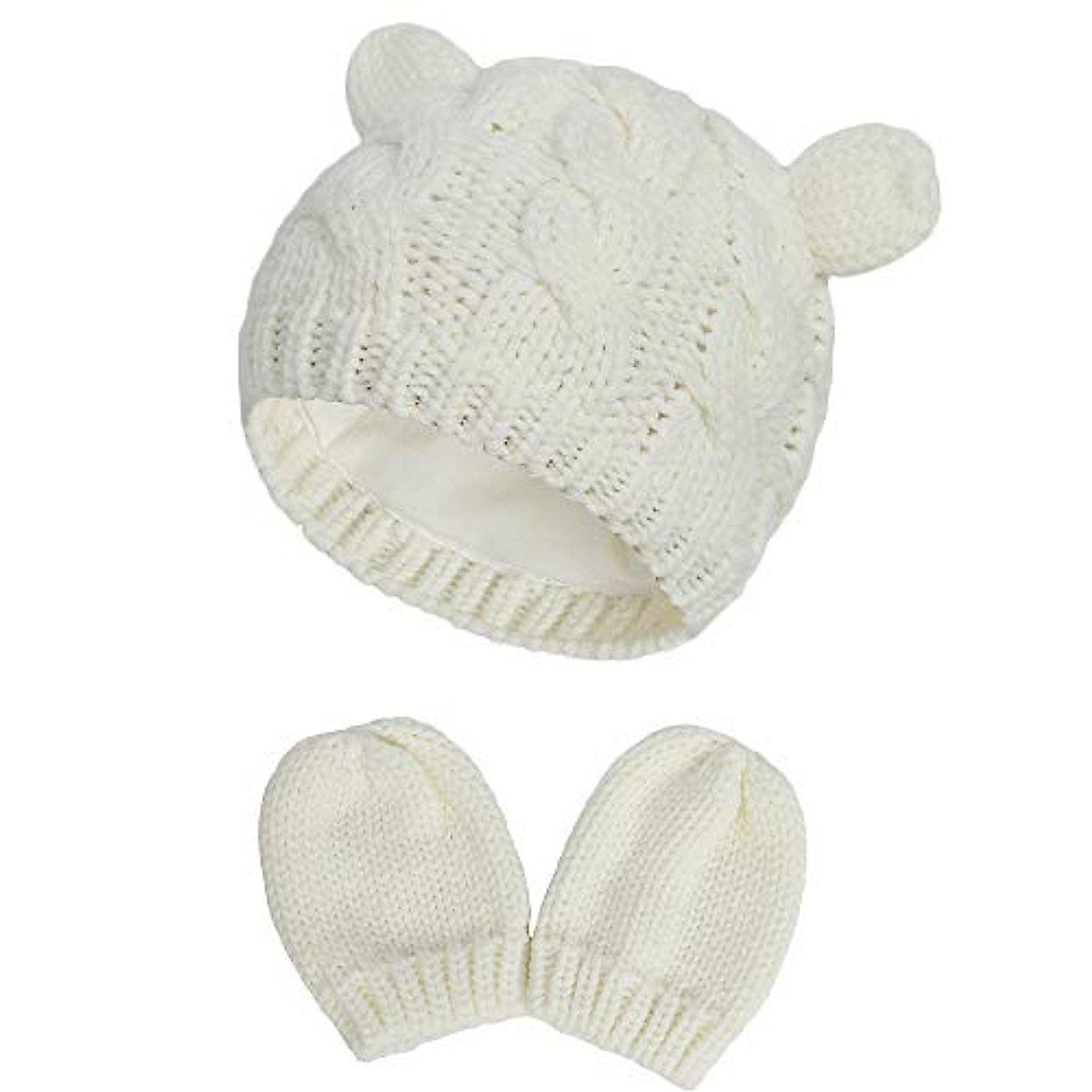 Newborn Winter Beanie Hat Gloves Set for Baby Girls Boys, Infant Toddler Warm Knitted Hat Gloves, Unisex-Baby Beanies (0-1 Months, Pink & White)