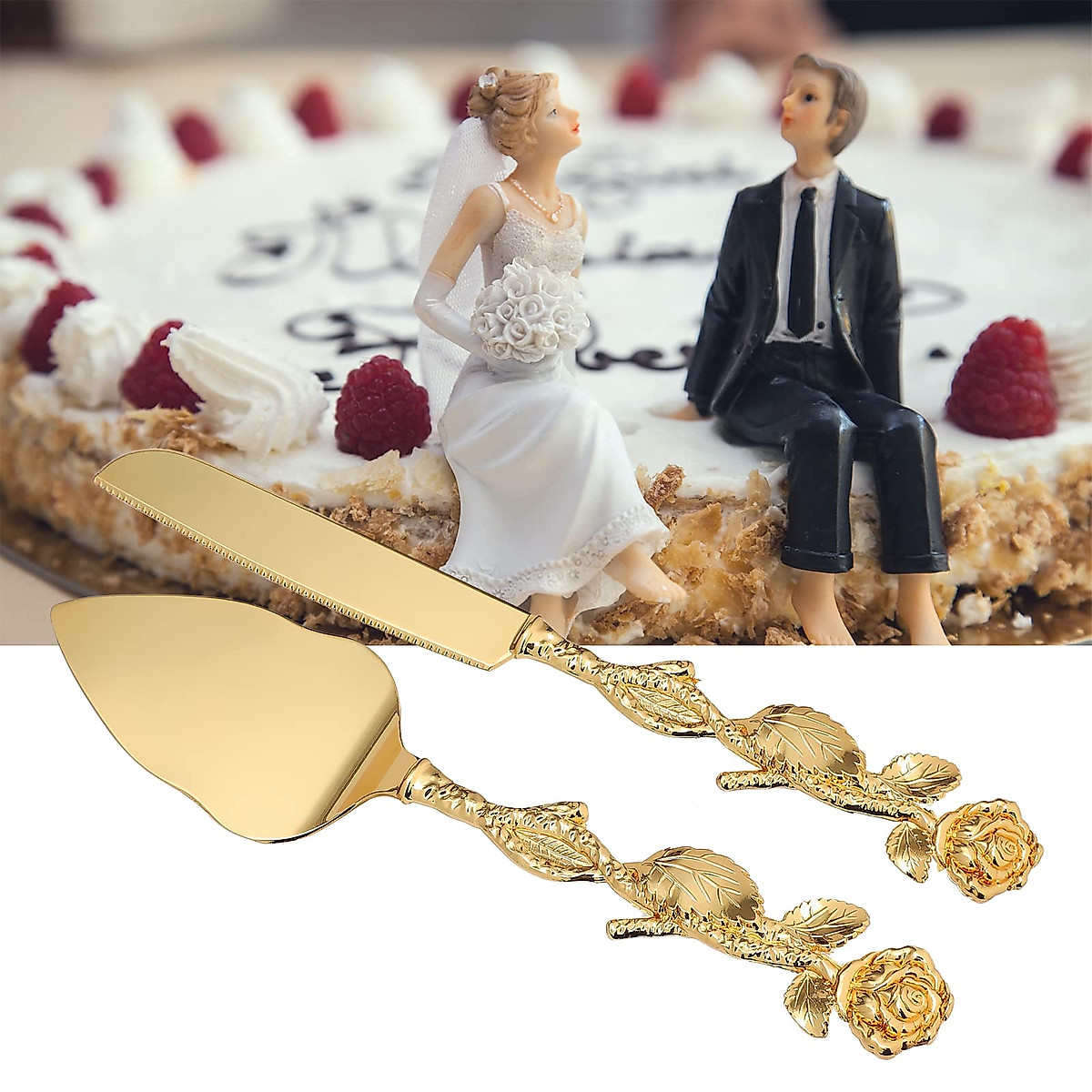 BestAlice Wedding Cake Knife And Server Set, Personalized Gold Cake Cutting Set for Wedding, Custom Cake Serving Set, Engraved Pastry Pie Server Cake Pizza Cutter for Birthday Party (Gold, Rose)