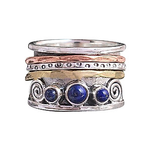 Boho Balinese Bali Style Turquoise Cocktail Ring Gemstone Blue Lapis Moonstone Ring for Women Teen Split Shank Band, Multicolor, 7
