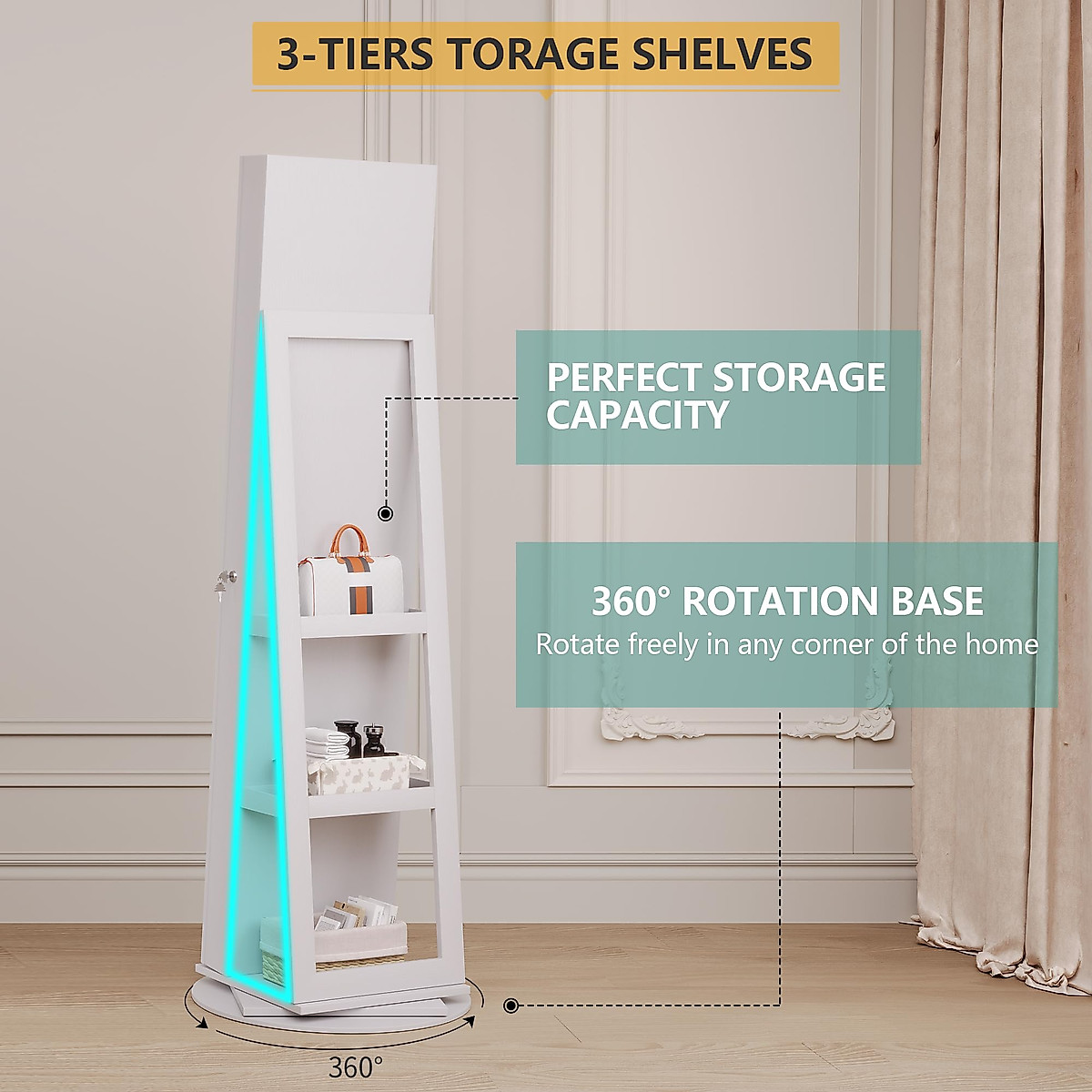 Vlsrka LED Jewelry Armoire with Full Length Mirror 360° Rotating, Jewelry Cabinet Large Standing Lockable Mirror Jewelry Organizer with Inner Makeup Mirror & Soft Velvet for Living Room Bedroom