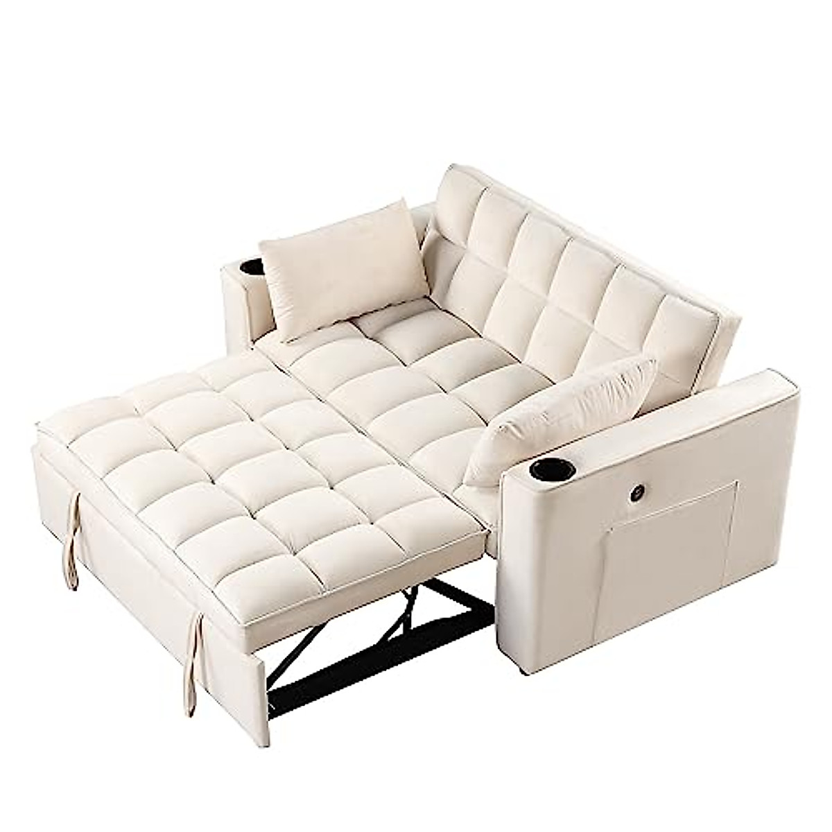 FULife 58" Convertible Sofa Couch with Pull-Out Sleeper,Adjustable Loveseat Armchair Single Bed Chair with Cup Holder,USB Port,Side Pocket&Pillows for Living Room/Apartment/Office/Studio/Small Place