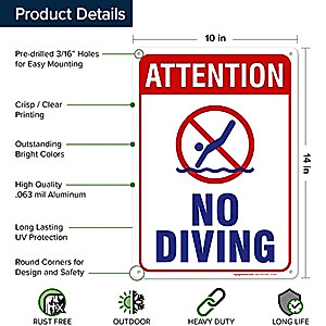 Attention No Diving Sign, 10" x 14" 0.40 Aluminum, Fade Resistance, Indoor/Outdoor Use, USA MADE By My Sign Center