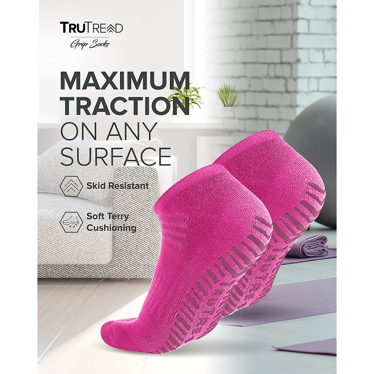 TruTread Pilates Socks with Grips for Women and Men - 6 Pairs Yoga Socks for Women | Yoga Socks for Men | Pure Barre Socks