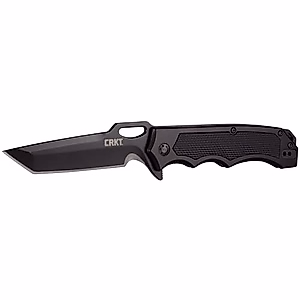 CRKT Septimo EDC Folding Pocket Knife: Everyday Carry, Black Serrated Edge Tanto, Veff Serrations Flipper and Thumb Slot Opening, Aluminum Handle with TPR Insert, Reversible Pocket Clip 7050