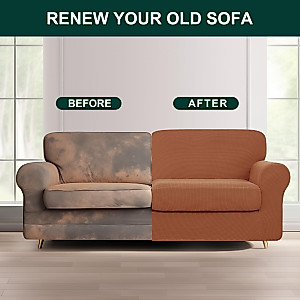 CHUN YI 5 Piece Stretch Loveseat Sofa Cover, 2 Seater Couch Slipcover with Two Separate Backrests and Cushions with Elastic Band, Checks Spandex Jacquard Fabric(Medium,Brick)