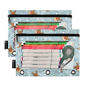 FRODOTGV Christmas Reindeer Snowflake Light Blue Pencil Pouches for 3 Rings Binder Zipper Binder Pockets Clear 3 Hole Binder 2 Pack Pencil Bag