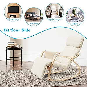 JOMEED Rocking Chair, Rocking Armchair with Fabric Padded Seat,Wooden Based, Adjustable Footrest for Living Room, Bedroom, Balcony, Nursery Room