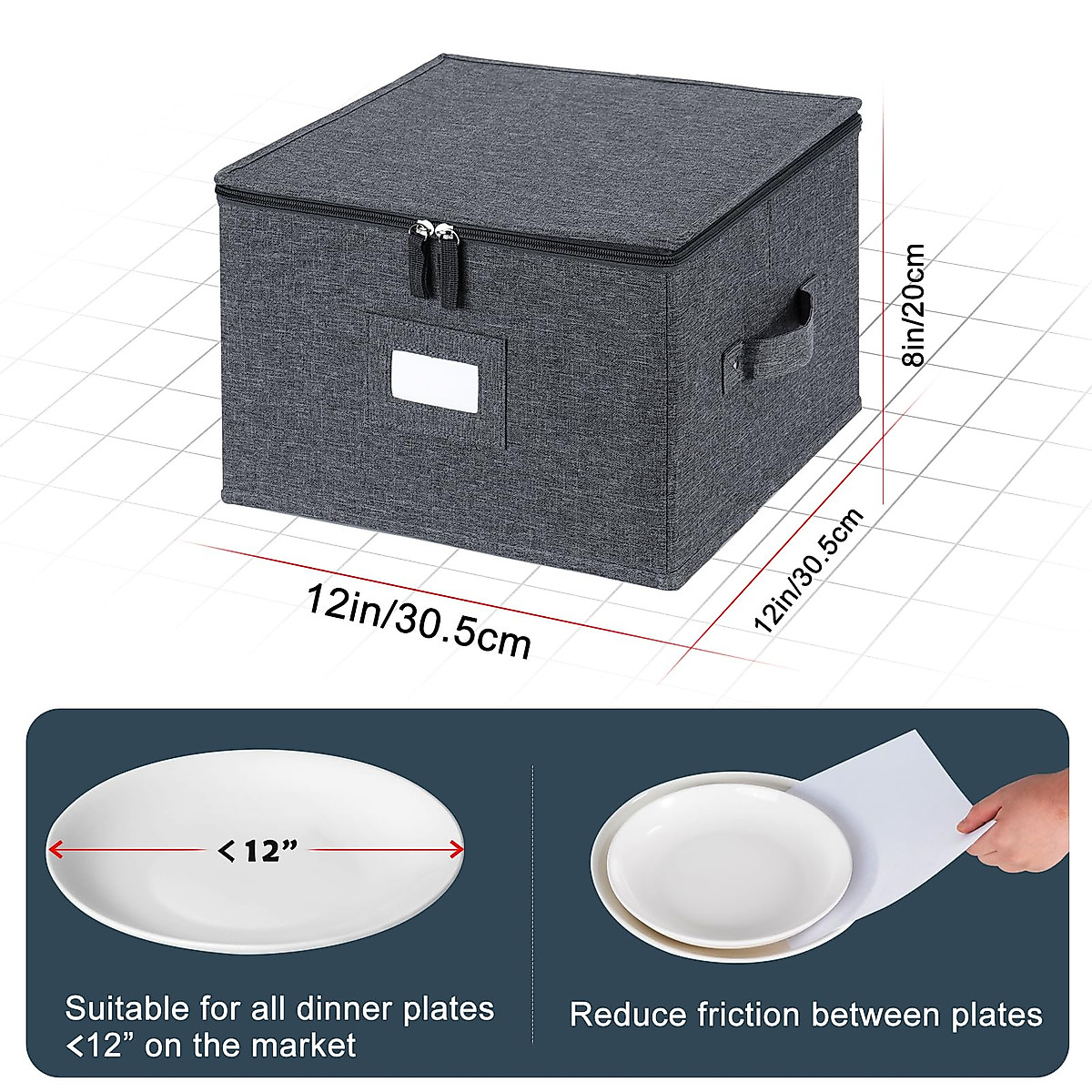 popoly China Storage Containers Inside 12" W x 8" H, Dinnerware Storage Box for Dishes Plate Storage with 24 Felt Dividers, Hold 24 Plates, Hard Shell and Stackable (2 Pack Grey)